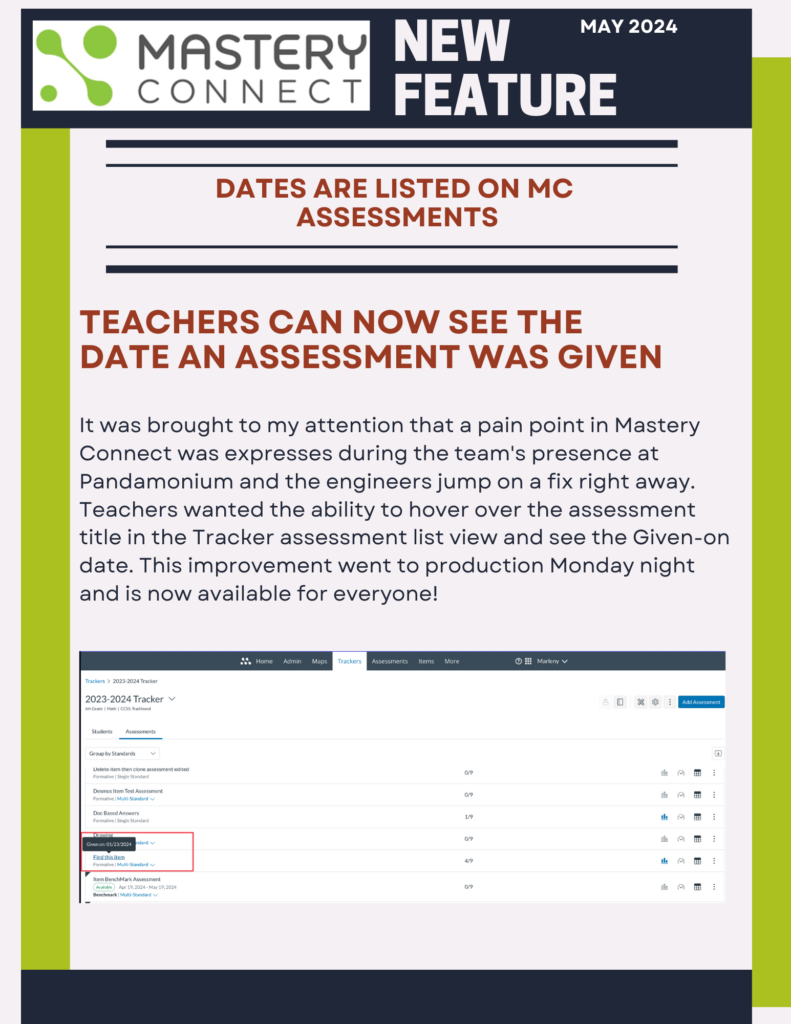 Mastery Connect Update-Given-on date added to assessment – Digital Learning